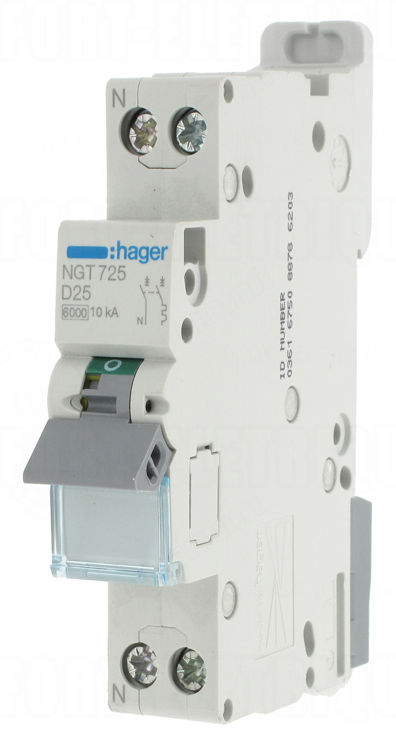 Disjoncteur Hager - 1 Phase + Neutre - 25A - 6kA - Courbe D