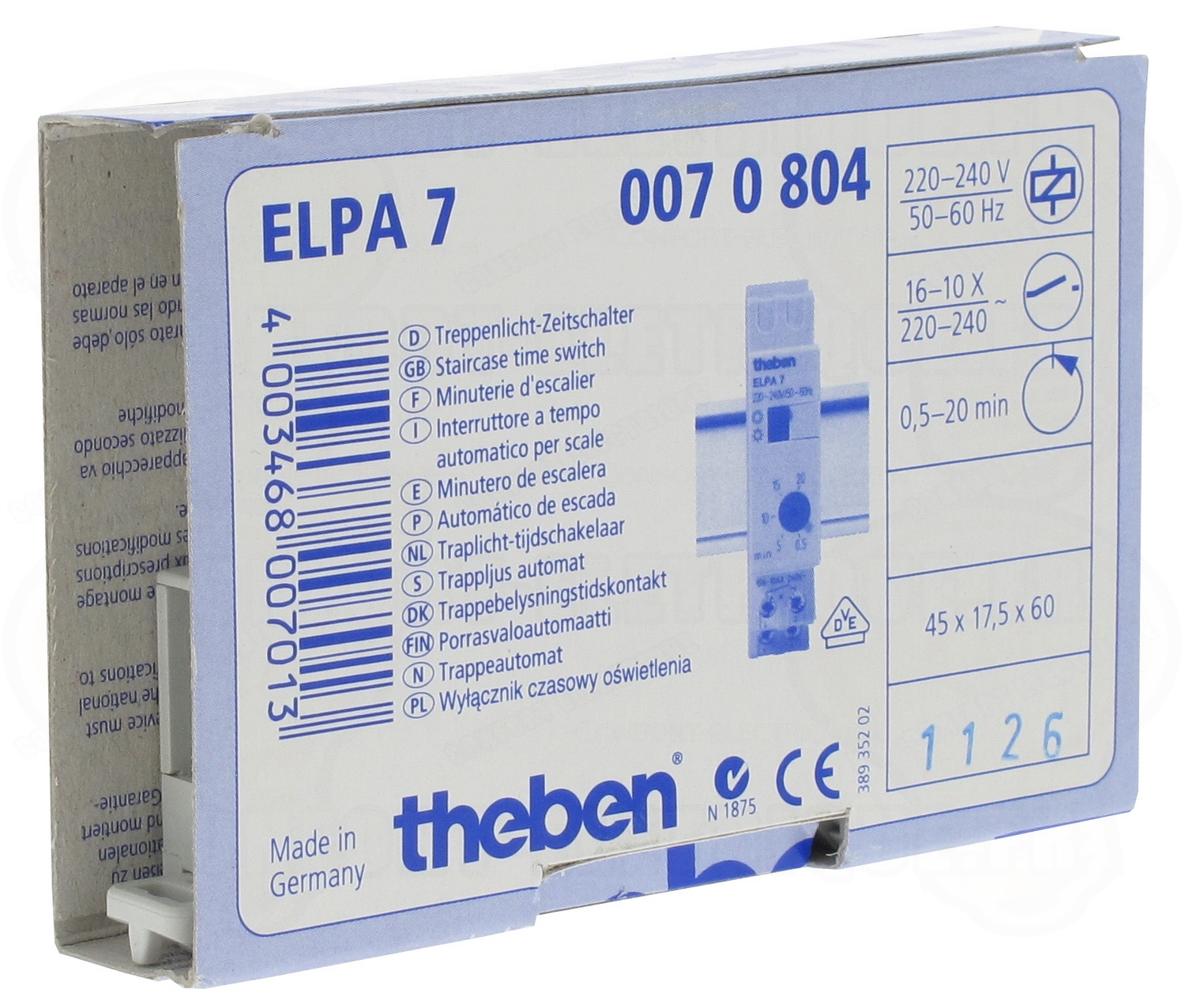 Minuterie 230 V 1 contact réglable de 0,5 à 20 min Theben EL..