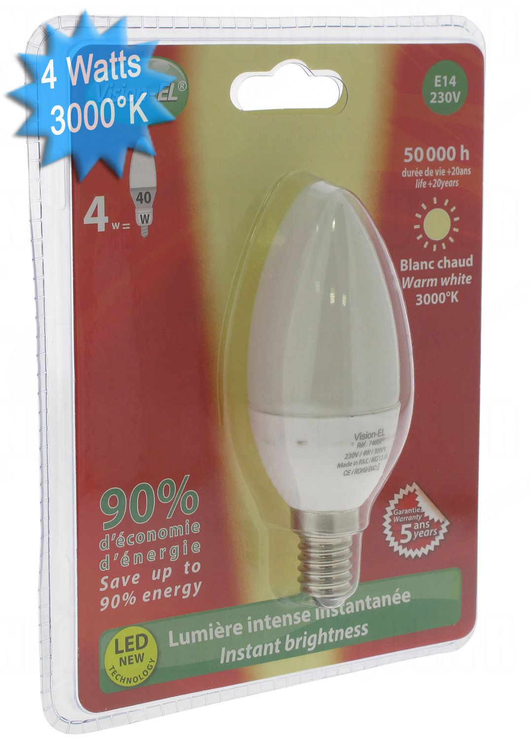 Ampoule à LED - Vision-EL - E14 - 4W - 3000K - Flamme - 230