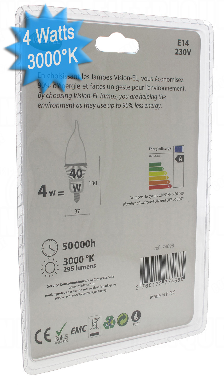 Ampoule à LED - Vision-EL - E14 - 4W - 3000K - Coup de Vent